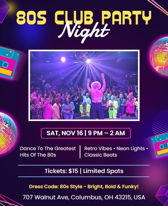 80s Themed Dance Night Club Party Flyer Template