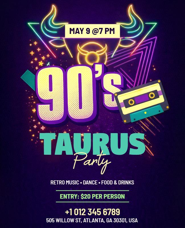 90s Themed Taurus Party Celebration Flyer Template