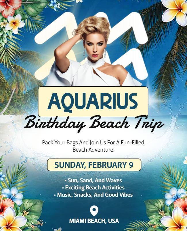 Aquarius Birthday Beach Trip Flyer Template