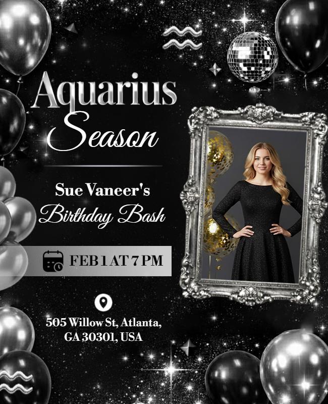 Aquarius Season Birthday Bash Invitation Flyer Template