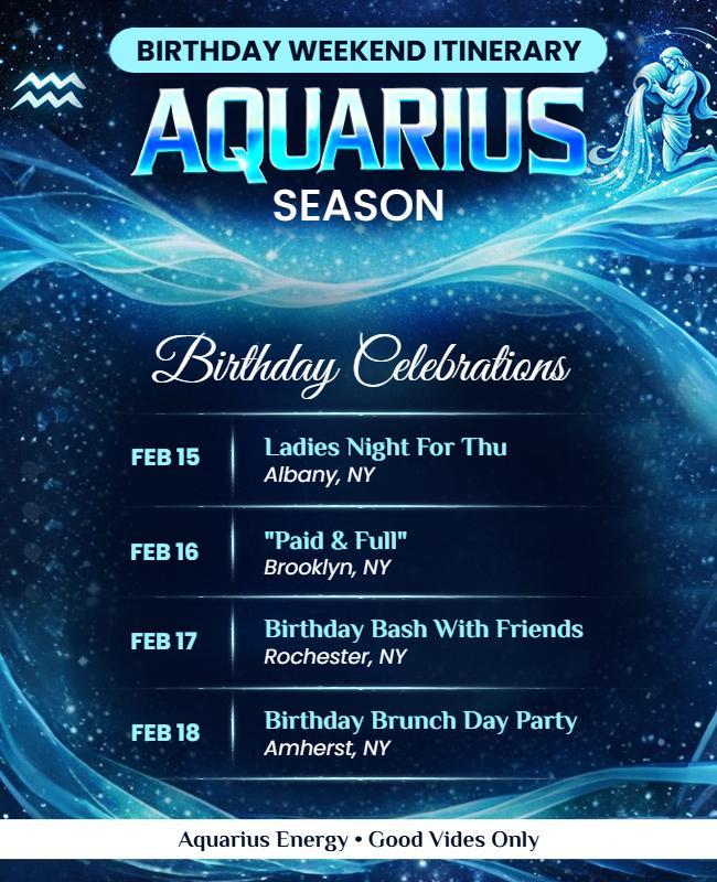 Aquarius Season Birthday Celebration Itinerary Flyer Template