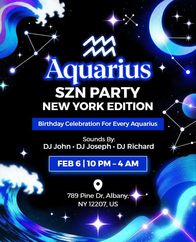 Aquarius Season Birthday Party Flyer Template