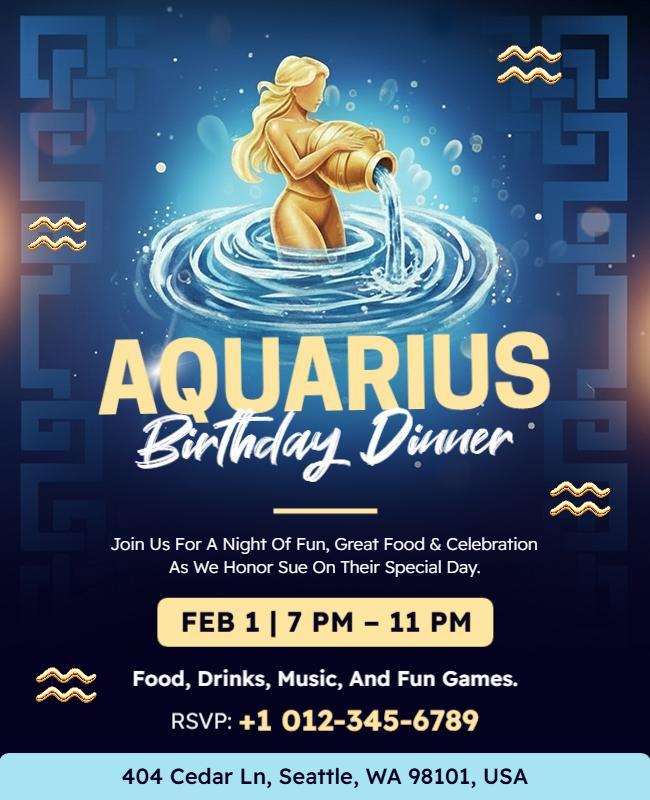Aquarius Zodiac Birthday Dinner Celebration Flyer Template