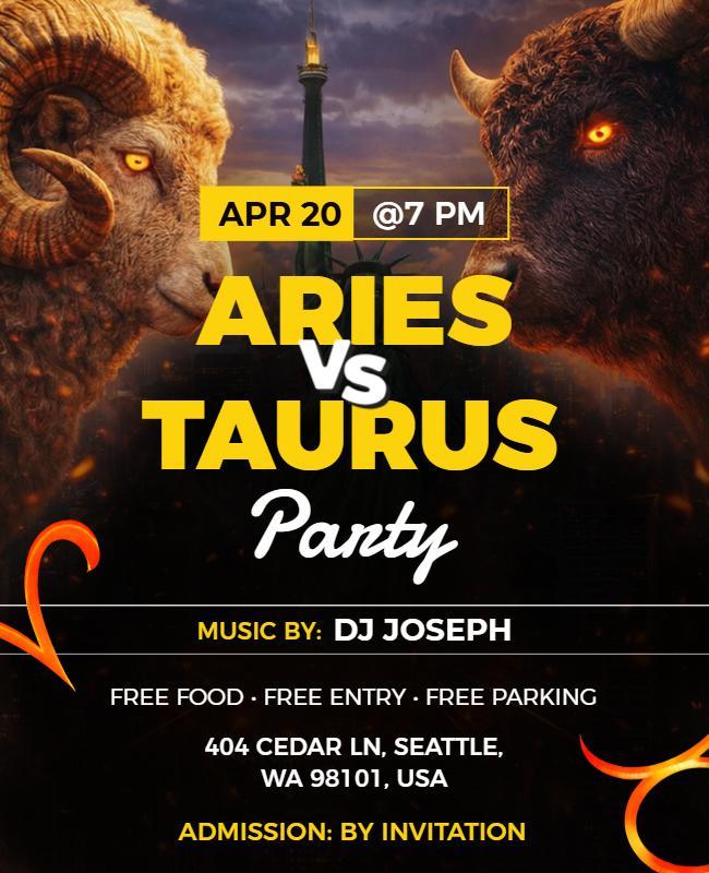 Aries Vs Taurus Zodiac Party Flyer Template