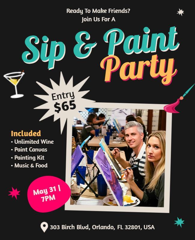 Artistic Sip and Paint Party with Wine and Music Event Flyer Template