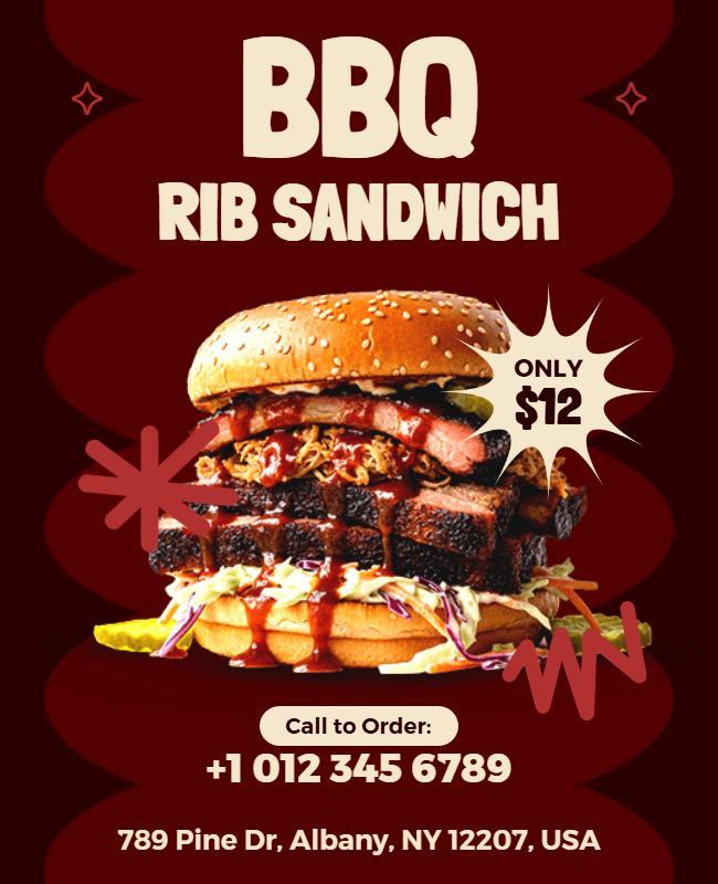 BBQ Rib Sandwich Restaurant Promotion Flyer Template