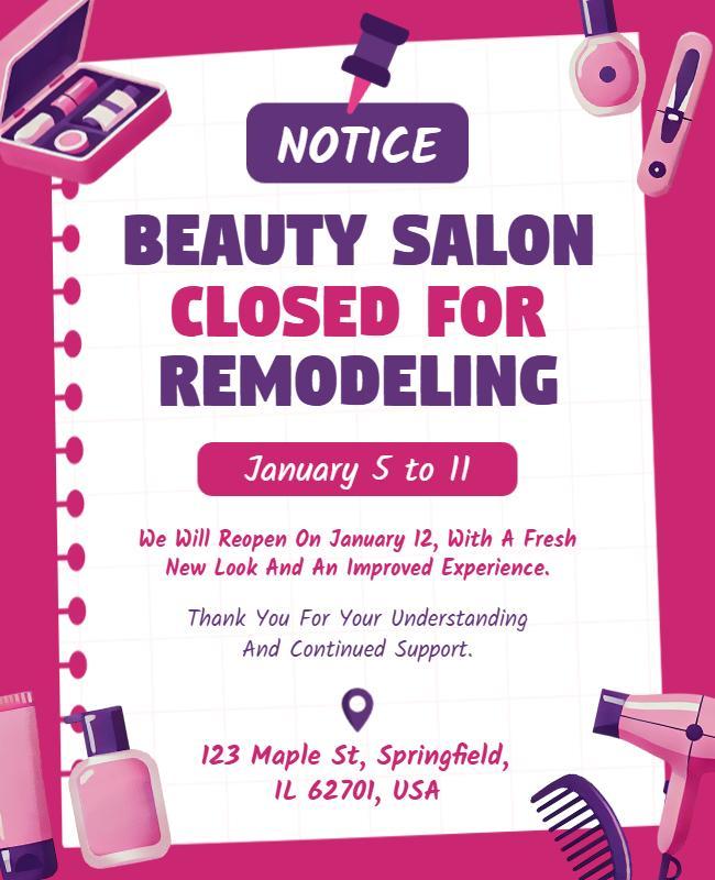 Beauty Salon Remodeling Closure Notice Flyer Template