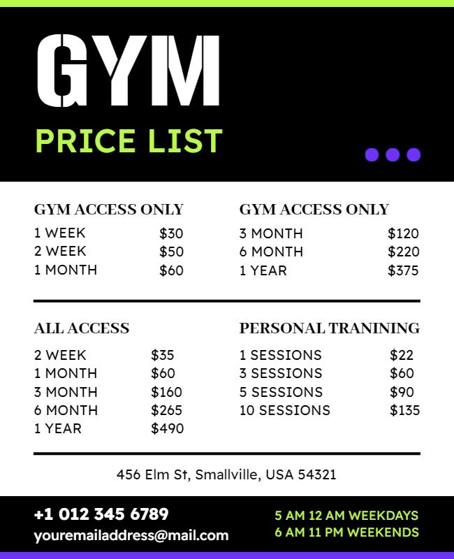 Bold Black and Green Gym Price List Poster Template