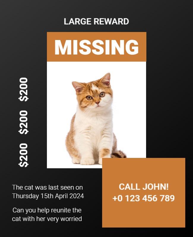 Bold Black Missing Cat Reward Poster Template