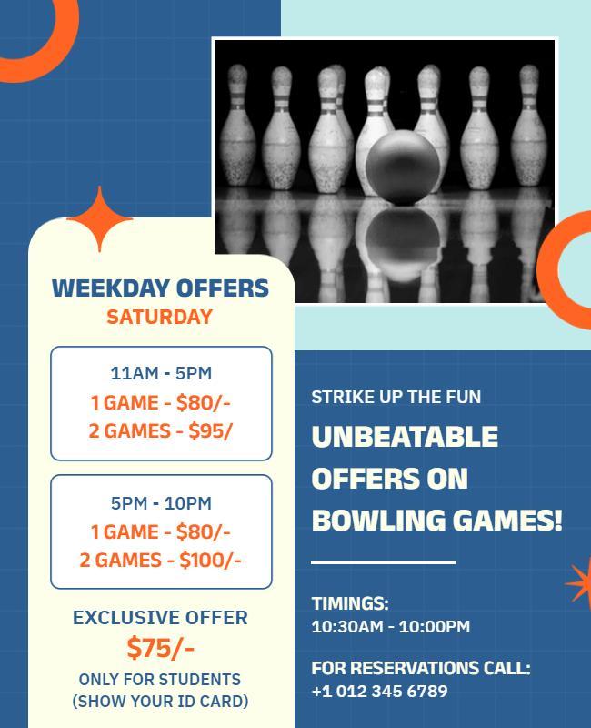 Bold Graphic Bowling Promotion with Weekend Offers Poster Template