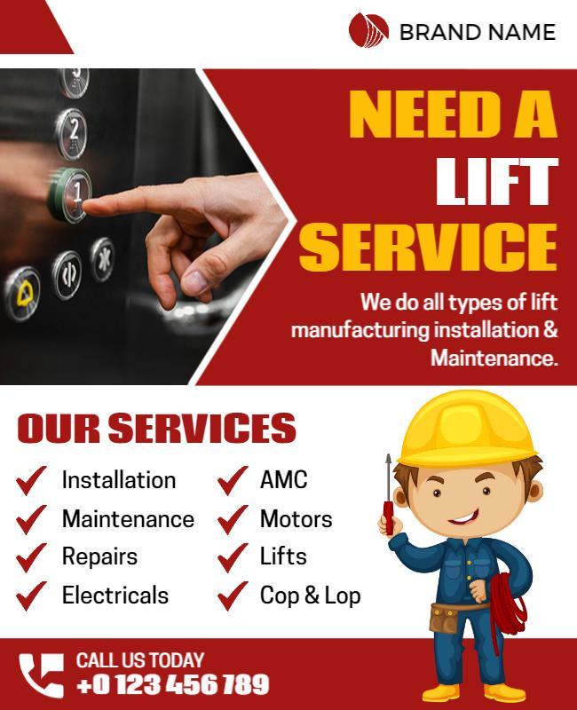 Bold Red Lift Service Installation and Maintenance Poster Template