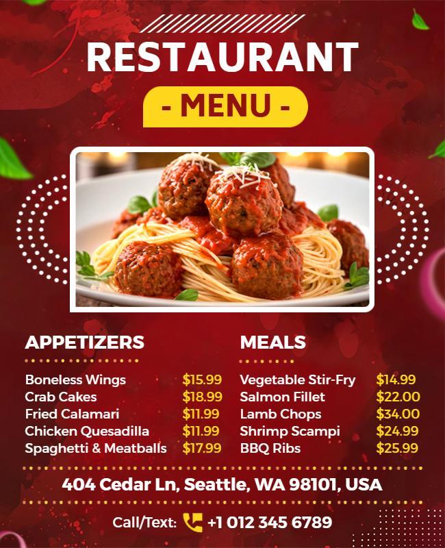 Bold Red Restaurant Menu with Delicious Pasta Dish Poster Template