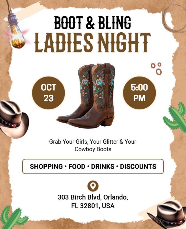Boot and Bling Themed Ladies Night Gathering Flyer Template