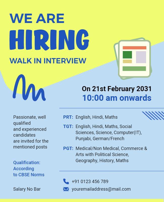 Bright Blue Job Recruitment Walk-In Interview Poster Template
