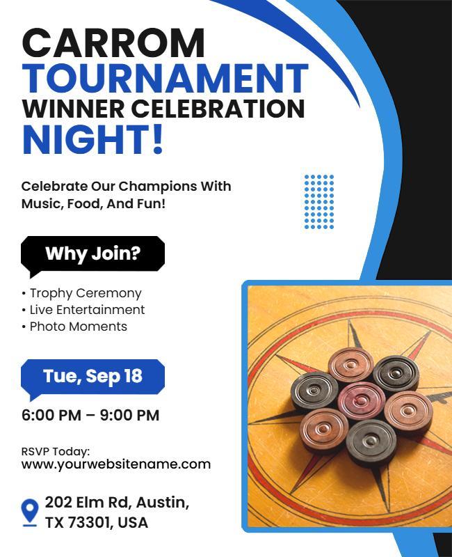 Carrom Tournament Winner Celebration Night Event Flyer Template