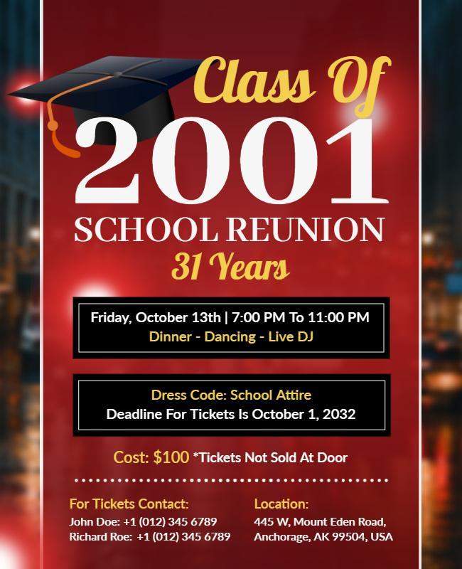 Celebratory Red Class of 2001 School Reunion Event Poster Template