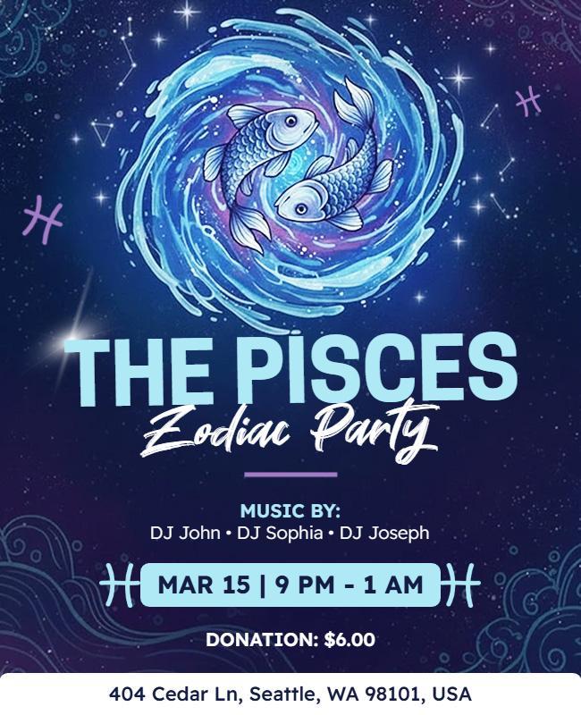 Celestial Blue Pisces Zodiac Party Celebration Flyer Template