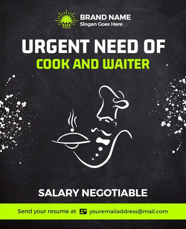 Chalkboard Style Restaurant Hiring Cook and Waiter Poster Template