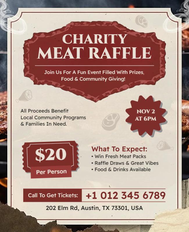 Charity BBQ Meat Raffle Event with Red Accents Flyer Template