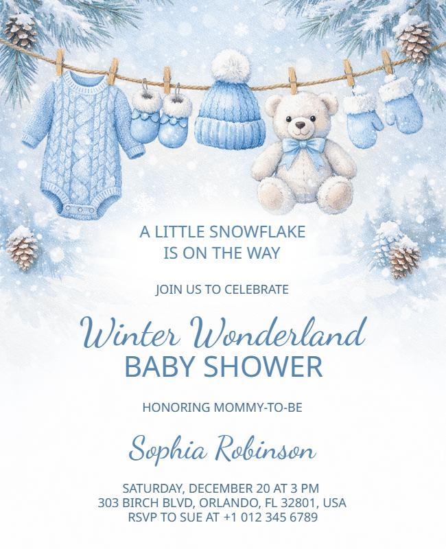 Charming Blue Snowy Baby Shower Celebration Flyer Template