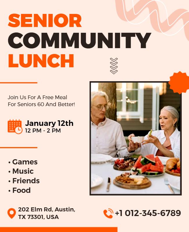 Cheerful Orange Senior Gathering and Lunch Flyer Template