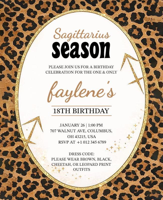 Cheetah Print Sagittarius Season Birthday Invitation Flyer Template