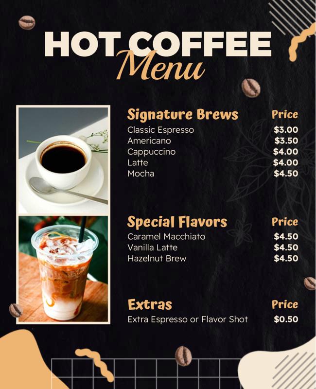 Chic Black and Cream Hot Coffee Menu Flyer Template