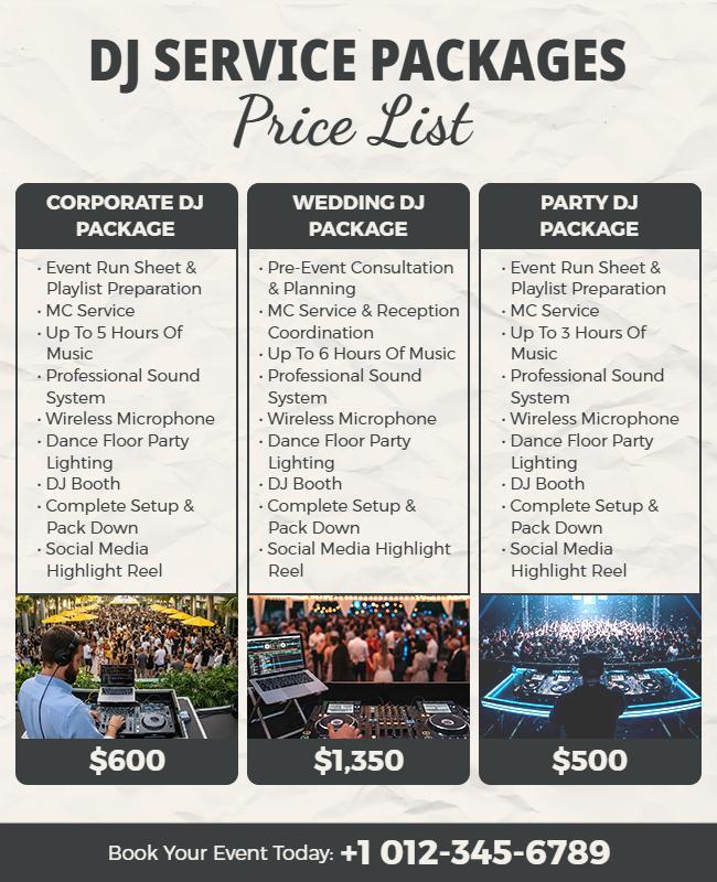 Chic Minimalist DJ Packages Pricing Information Flyer Template