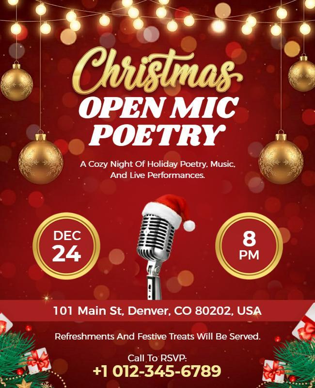Christmas Open Mic Poetry Event Flyer Template