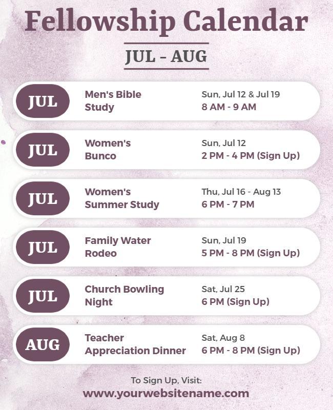 Church Fellowship Event Calendar Flyer Template