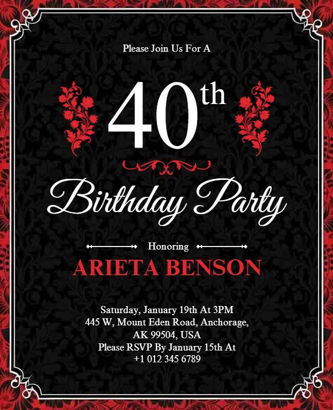 Classic Black and Red 40th Birthday Invitation Flyer Template