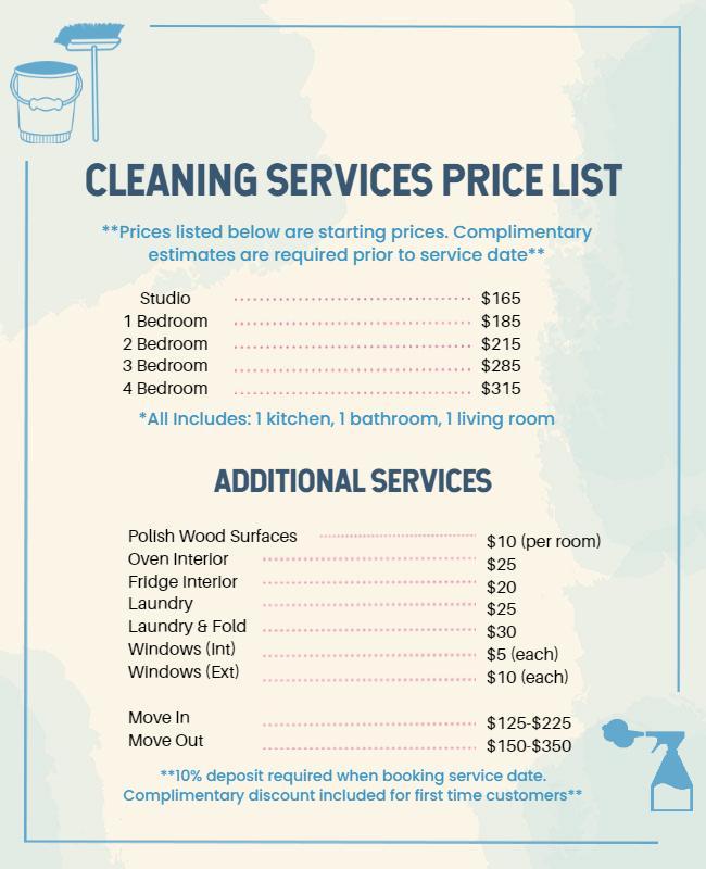 Clean and Simple Blue Cleaning Services Price List Poster Template