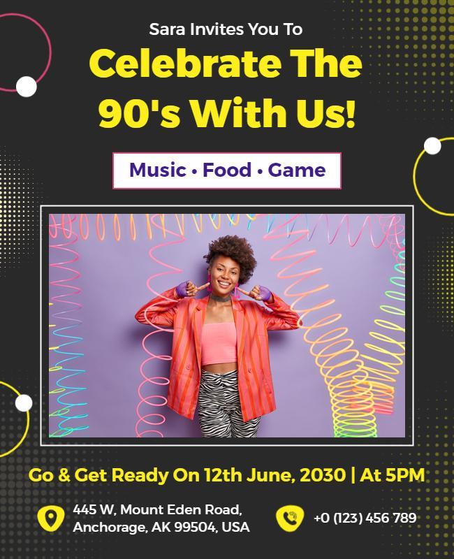 Colorful 90's Themed Party Invitation Celebration Poster Template
