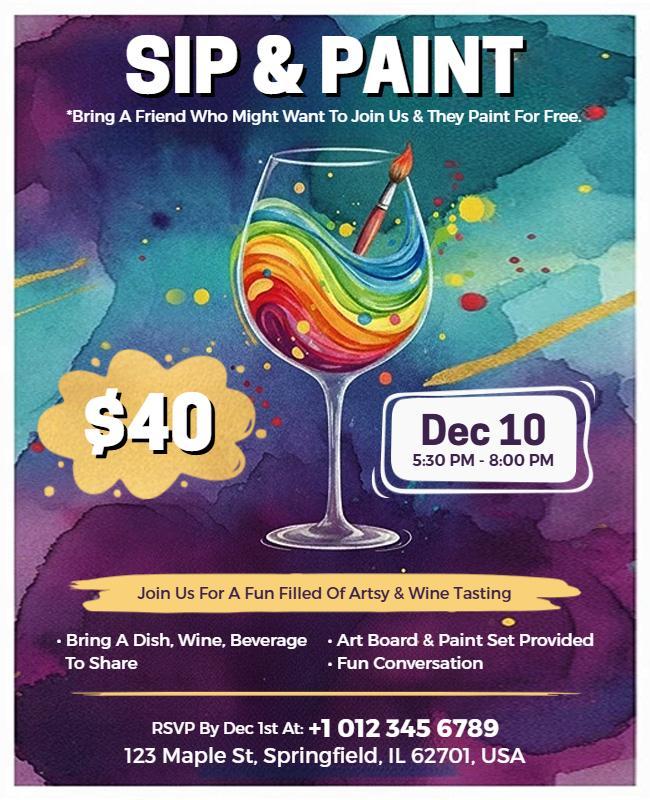 Colorful Artistic Sip and Paint Event Flyer Template