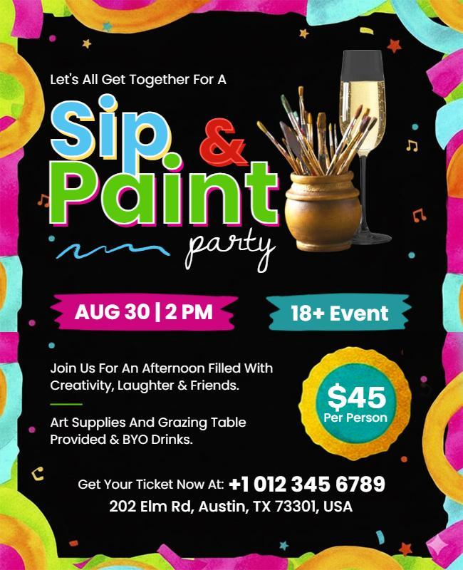 Colorful Artistic Sip and Paint Party Event Flyer Template