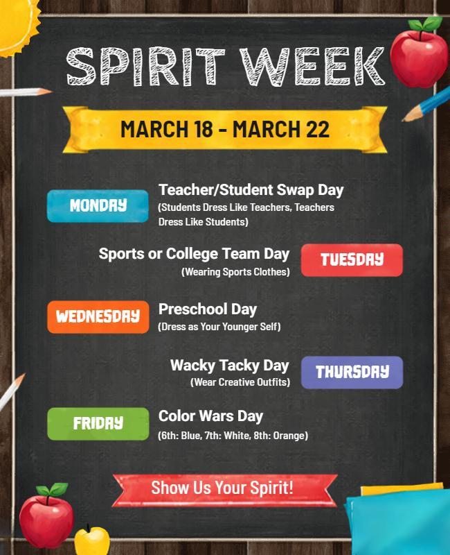 Colorful Fun Spirit Week Activities Celebration Poster Template
