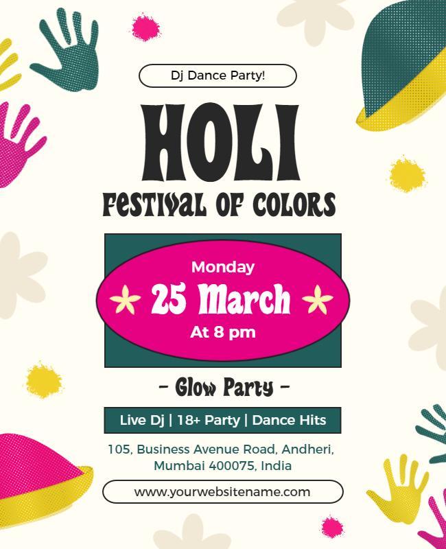 Colorful Handprints Holi Festival Glow Party Poster Template