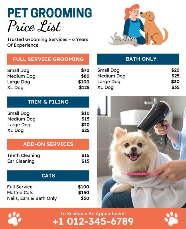Complete Pet Grooming Services Price List Flyer Template
