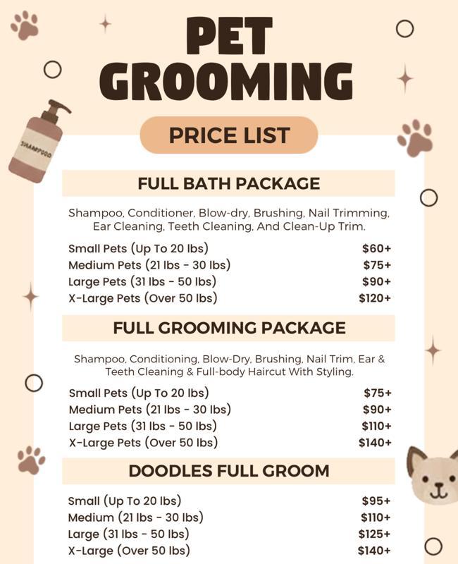 Comprehensive Pet Grooming Price List Flyer Template