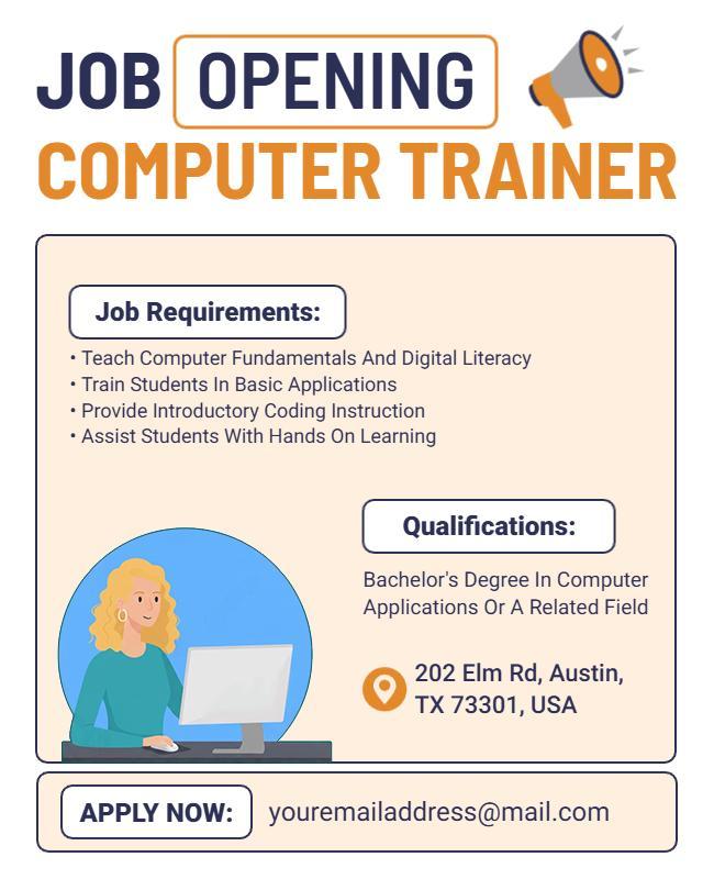 Computer Trainer Job Opening Announcement Flyer Template