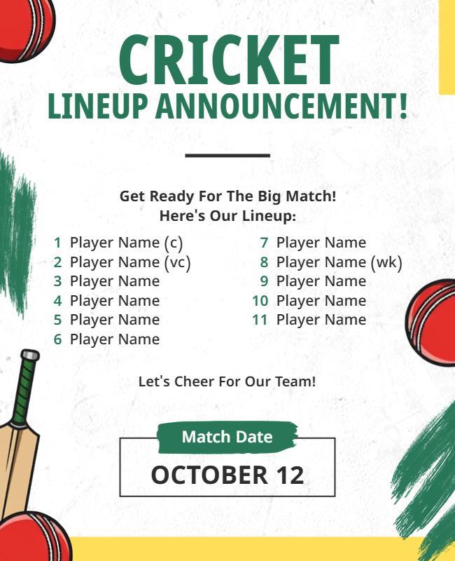 Cricket Team Lineup Announcement Flyer Template