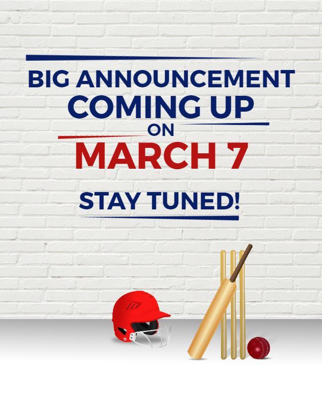 Cricket-Themed Big Announcement March 7 Poster Template