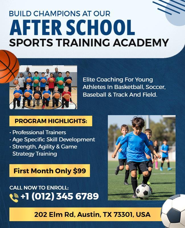 Dynamic Blue After School Sports Academy Enrollment Flyer Template