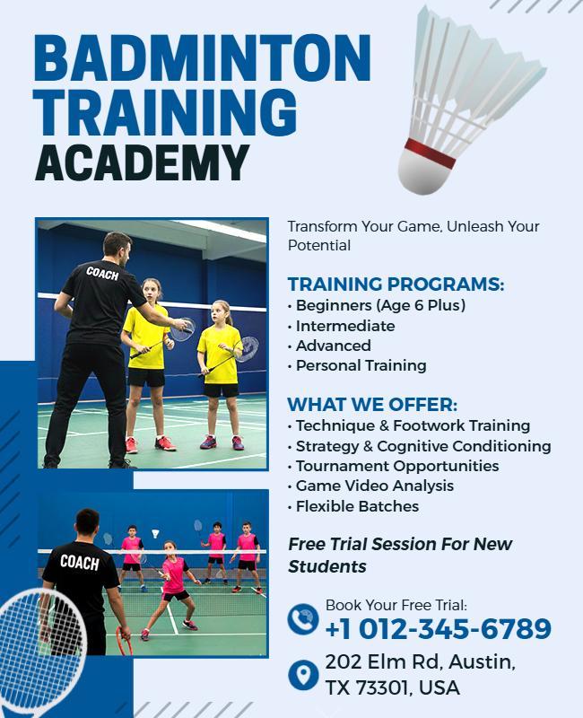 Dynamic Blue Badminton Training Session Flyer Template