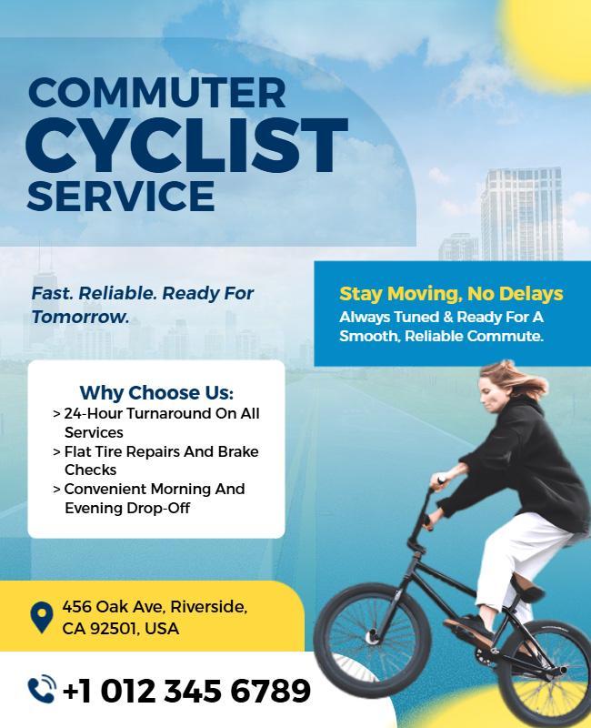 Dynamic Blue Commuter Cyclist Service Promotion Flyer Template