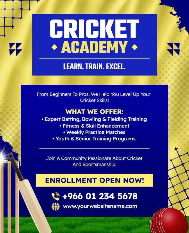 Dynamic Blue Cricket Training Academy Enrollment Flyer Template