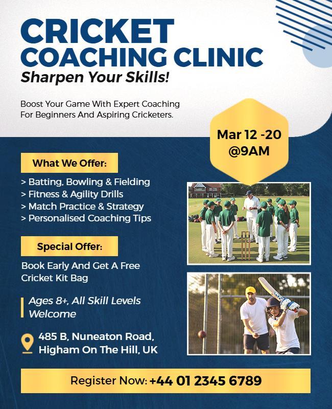 Dynamic Blue Cricket Training Clinic Registration Flyer Template
