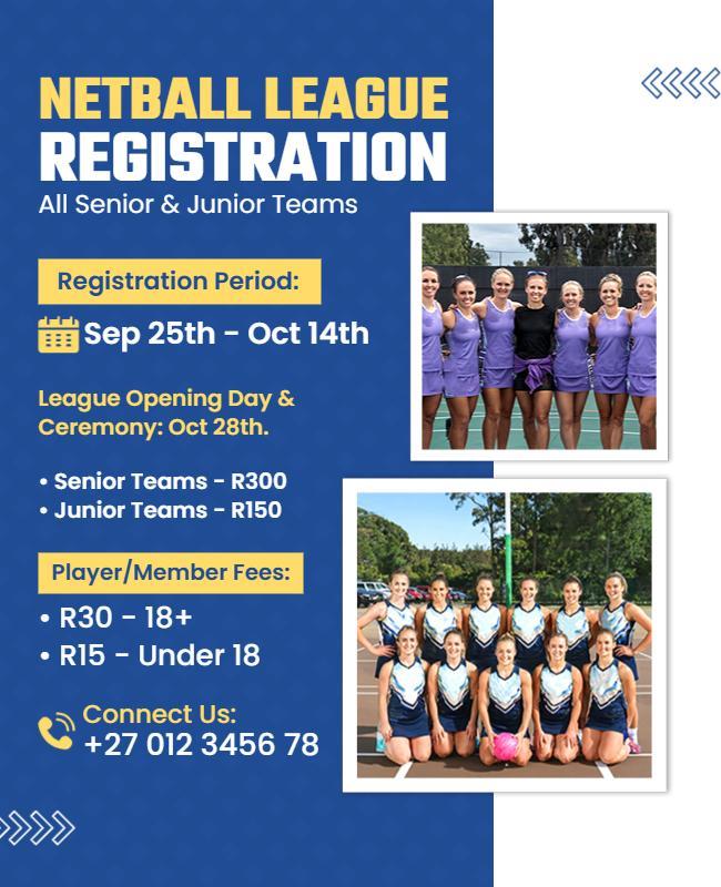 Dynamic Blue Netball League Registration Information Poster Template