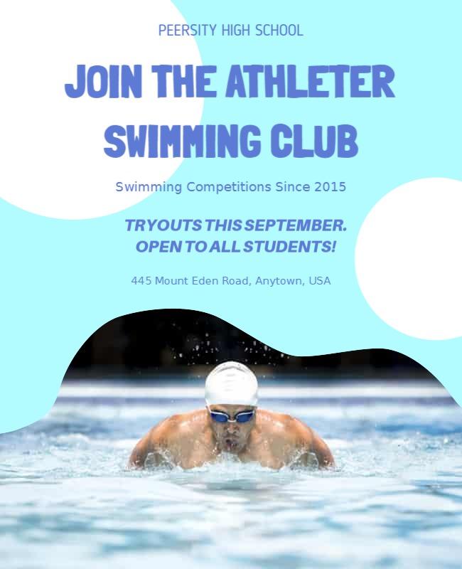 Dynamic Blue Swimming Club Tryouts Recruitment Poster Template