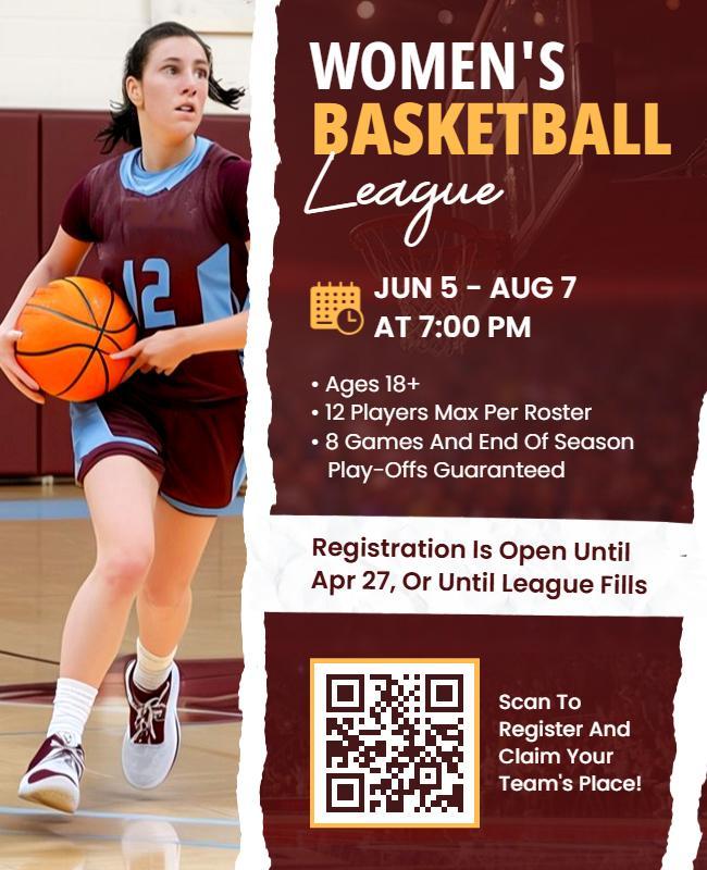 Dynamic Burgundy Women's Basketball League Registration Poster Template
